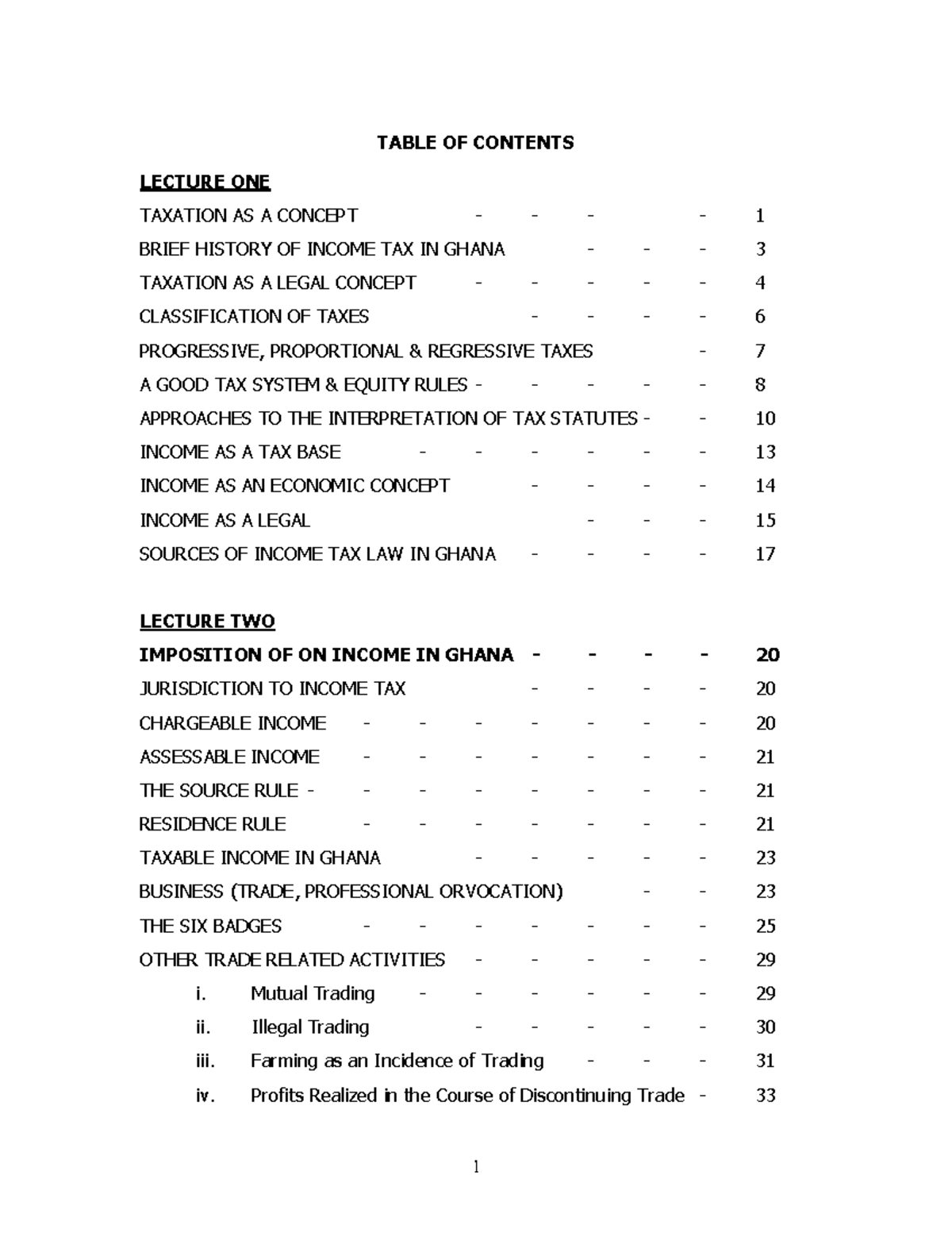 Taxation Notes 1, 2, 3. 4, 5, 6 & 7 - TABLE OF CONTENTS TAXATION AS A ...