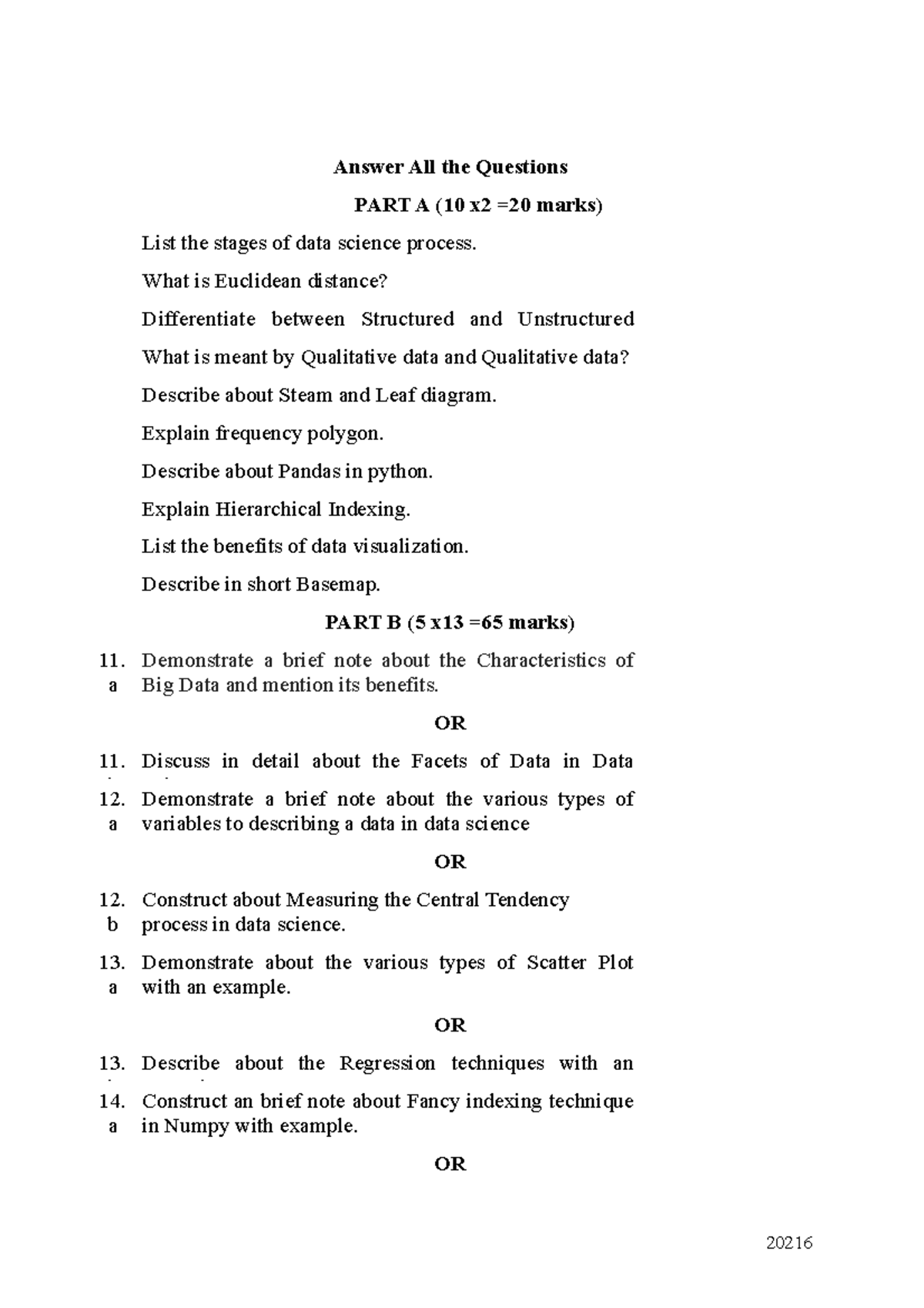 22CST401 - FDS1 - Foundation of Data Science - Answer All the Questions PART A (10 x2 =20 marks ...
