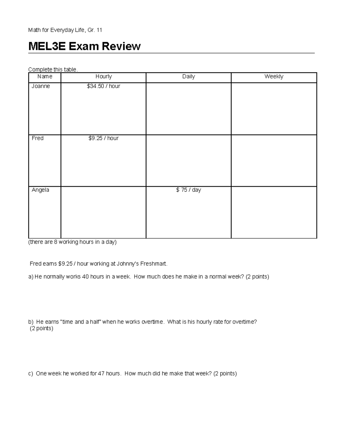 Sample/practice exam - Math for Everyday Life, Gr. 11 MEL3E Exam Review ...