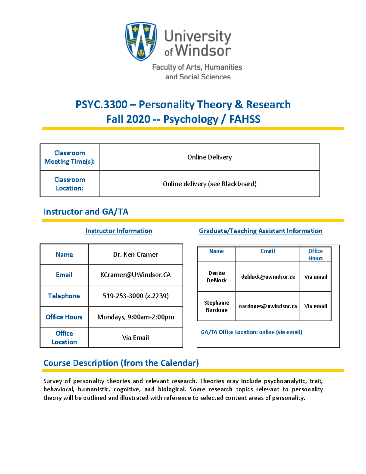 Syllabus PSYC 3300 - PSYC. 3300 – Personality Theory & Research Fall ...