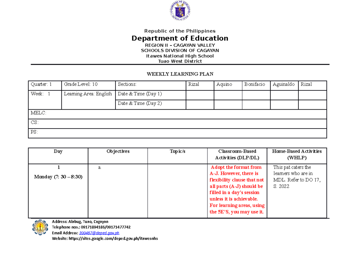 Weekly Learning Plan format - Republic of the Philippines Department of ...