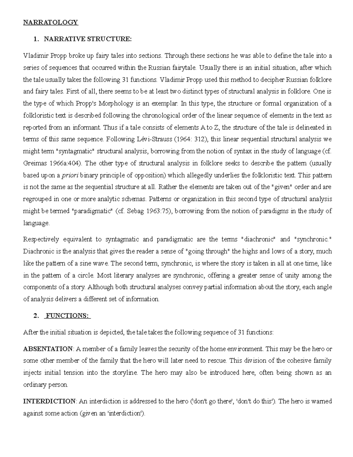 Narratology - NARRATOLOGY 1. NARRATIVE STRUCTURE: Vladimir Propp broke ...
