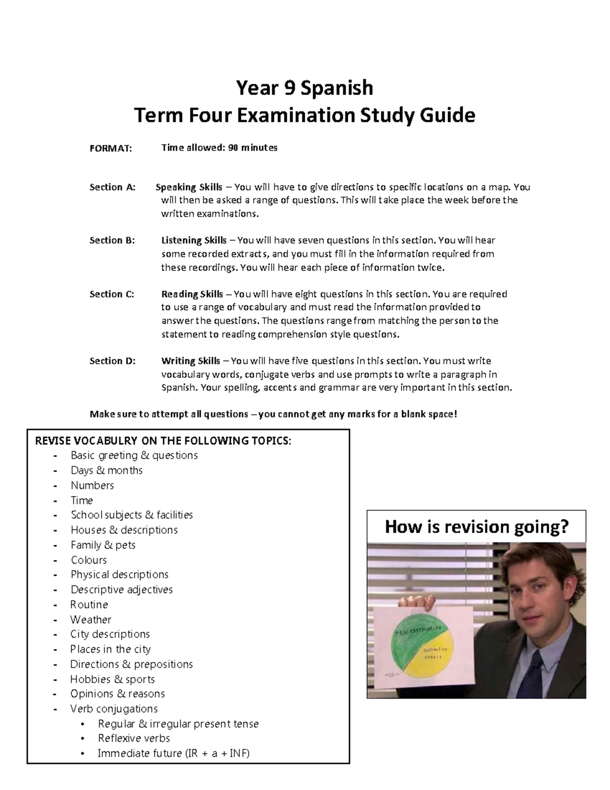 Year 9 Spanish Revision Guide T4 - Year 9 Spanish Term Four Examination ...