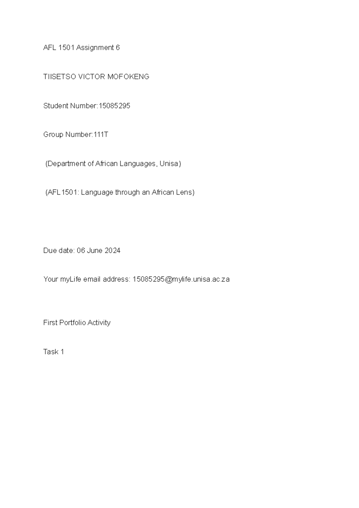 Afl assignment 6 - AFL 1501 Assignment 6 TIISETSO VICTOR MOFOKENG Student Number: 15085295 Group ...