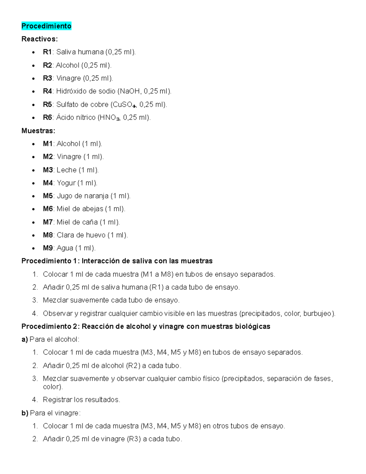 Informe 4 - QCO200 - Procedimiento Reactivos: - R1: Saliva humana (0,25 ...