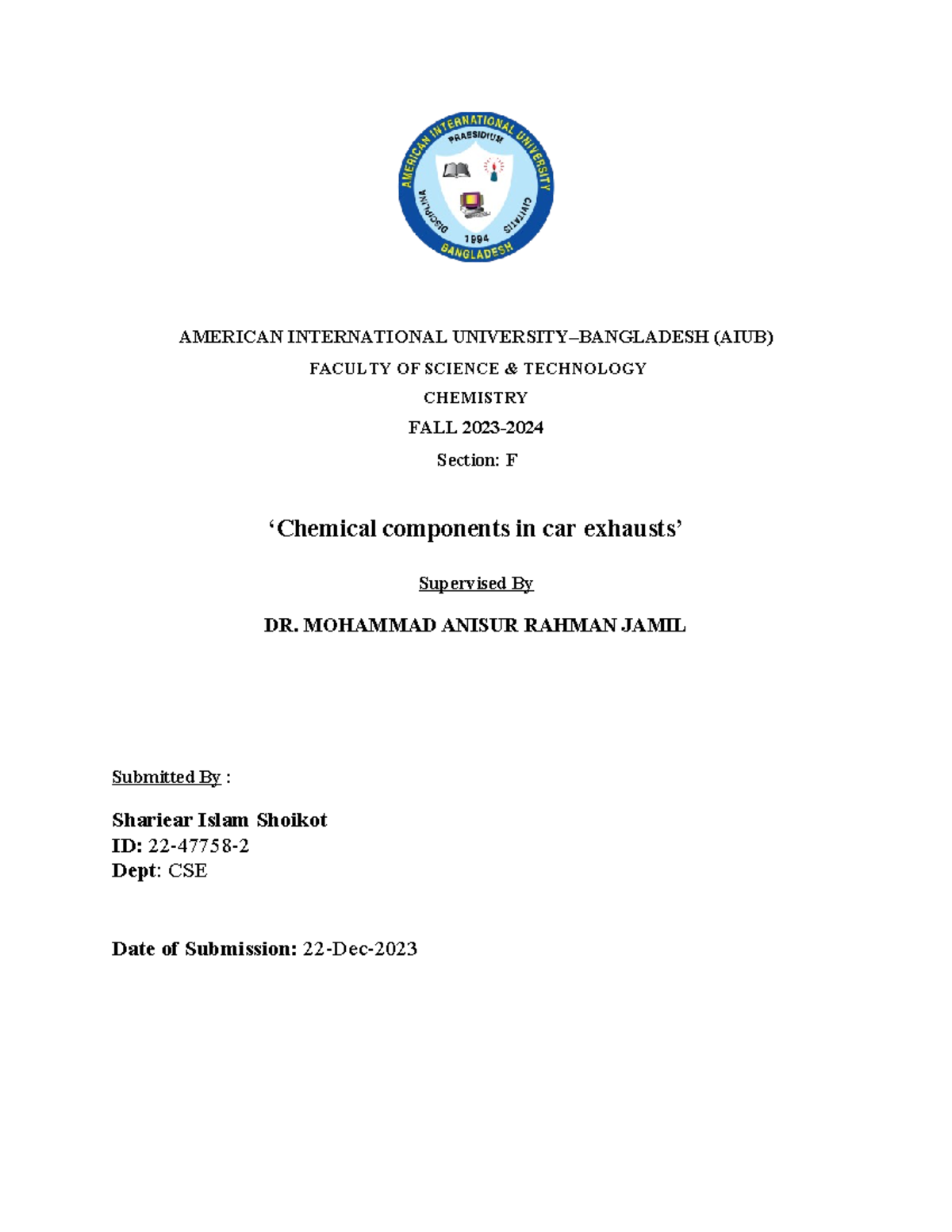 Chemistry Assignment - AMERICAN INTERNATIONAL UNIVERSITY–BANGLADESH ...