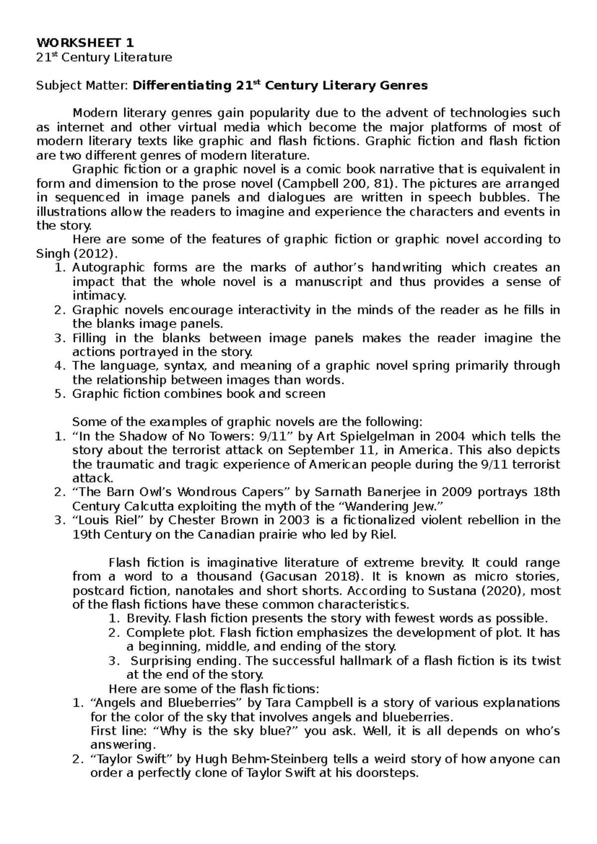 21ST Century LIT. Worksheet 1 - WORKSHEET 1 21 st Century Literature ...