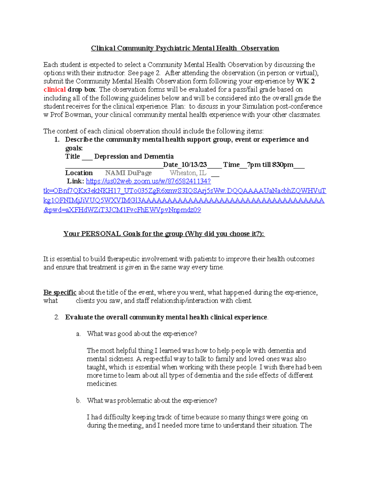Clinical Community Psychiatric Mental Health Observation - See page 2 ...