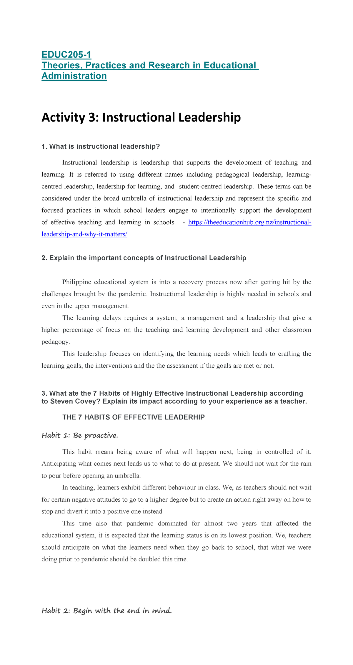 THE 7 Habits OF Instructional Leader - EDUC205- Theories, Practices and ...