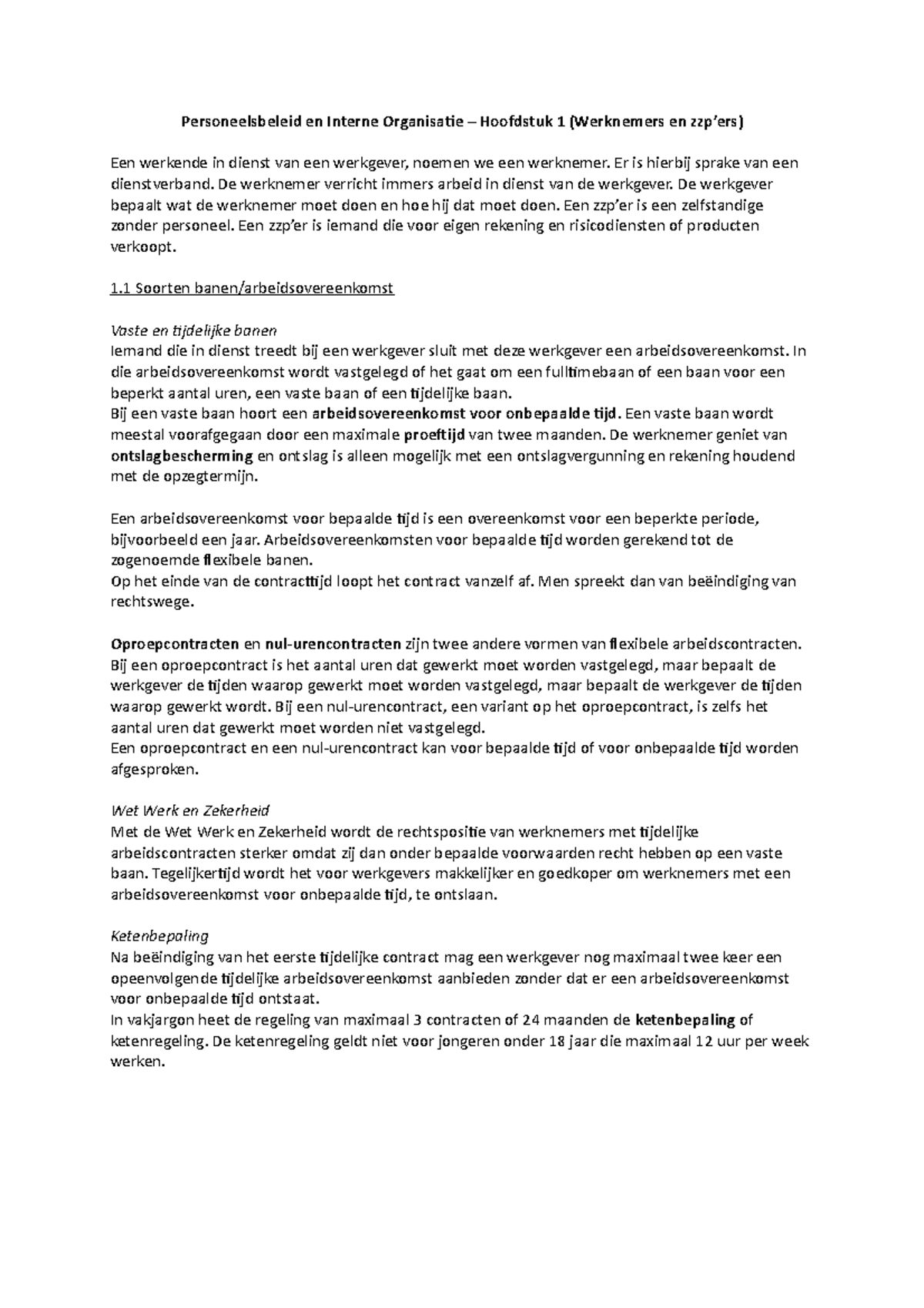 Personeelsbeleid en Interne Organisatie – Hoofdstuk 1 (Werknemers en ...