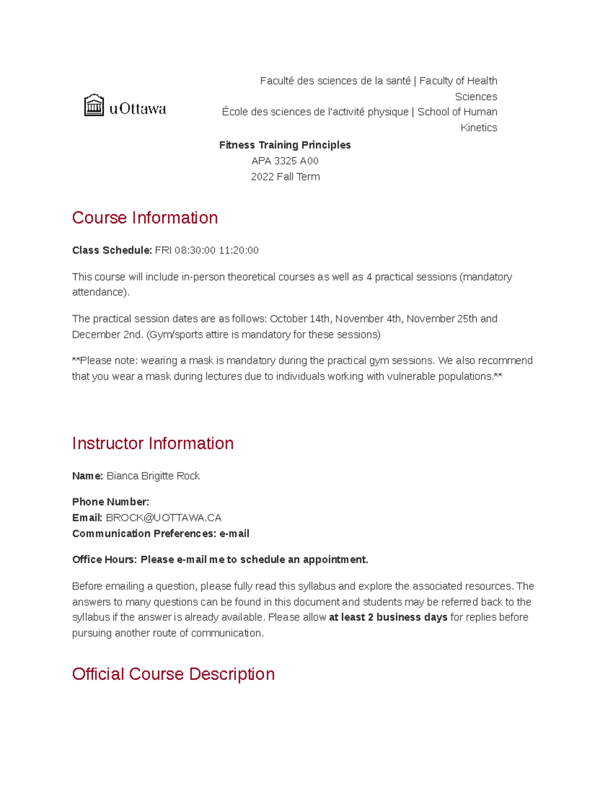 2022 Fall Term APA 3325 A00 Fitness Training Principles - Faculté des ...