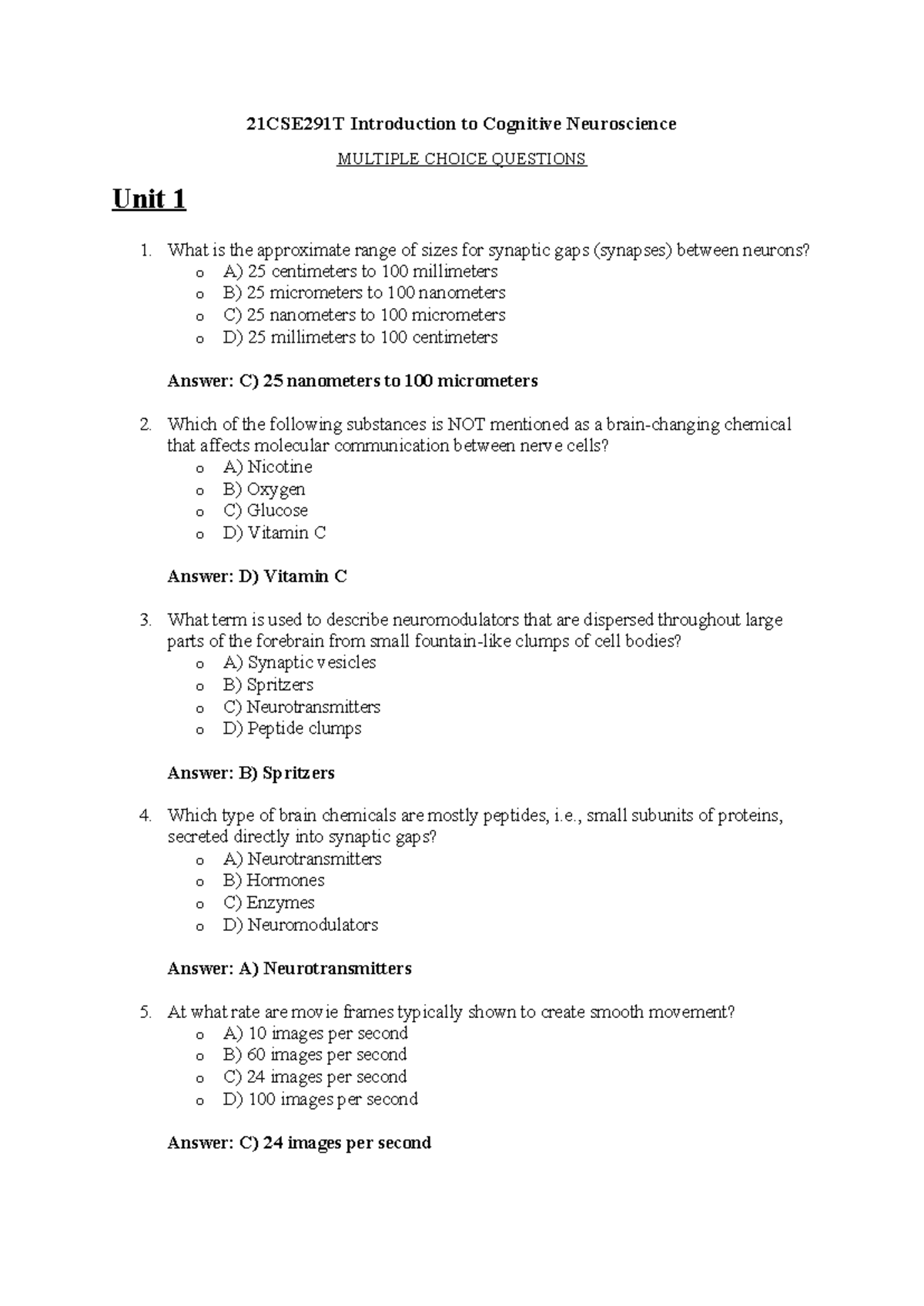Multiple choice - 21CSE291T Introduction to Cognitive Neuroscience ...