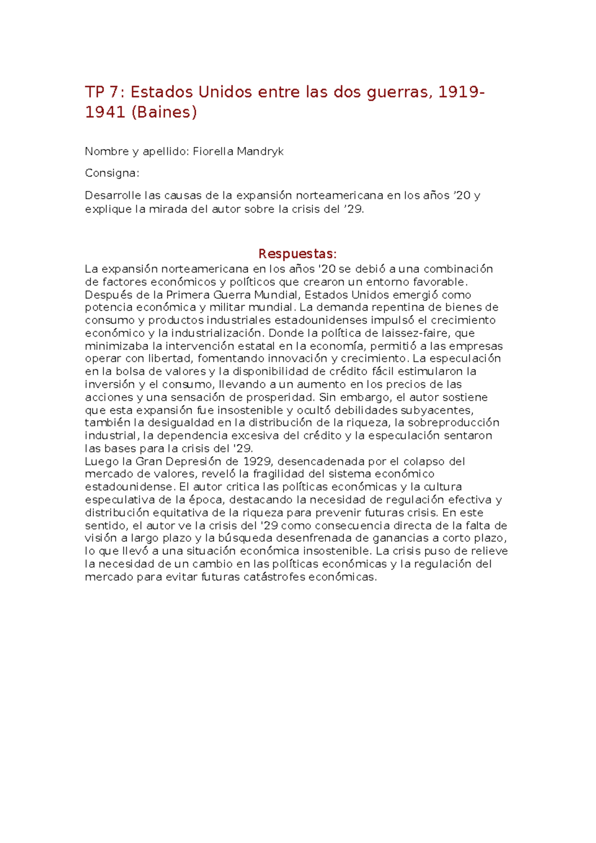 TP 7 EEUU entre las dos guerras - TP 7: Estados Unidos entre las dos guerras, 1919- 1941 (Baines ...