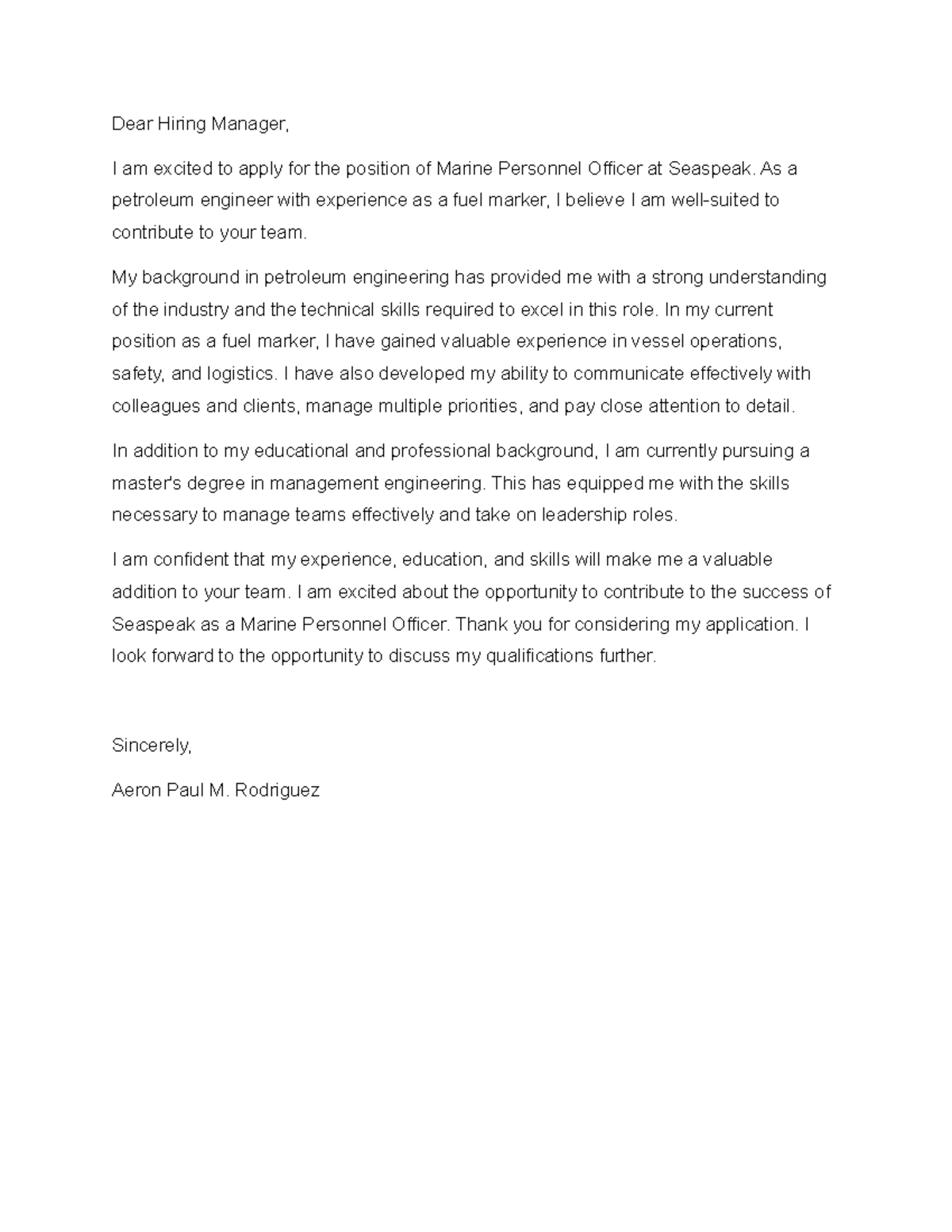 Cover Letter - Seaspeak - Dear Hiring Manager, I am excited to apply ...