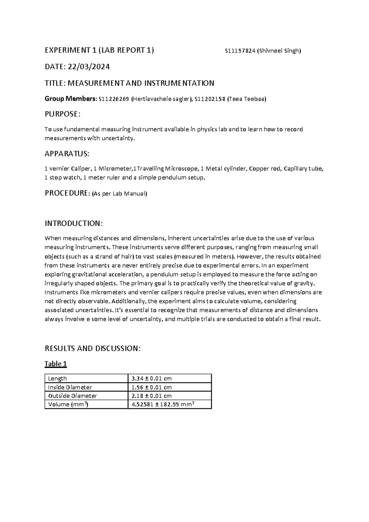 Experiment 1 ph102 1 - EXPERIMENT 1 (LAB REPORT 1) S 11197824 (Shivneel Singh) DATE: 22 /03 ...