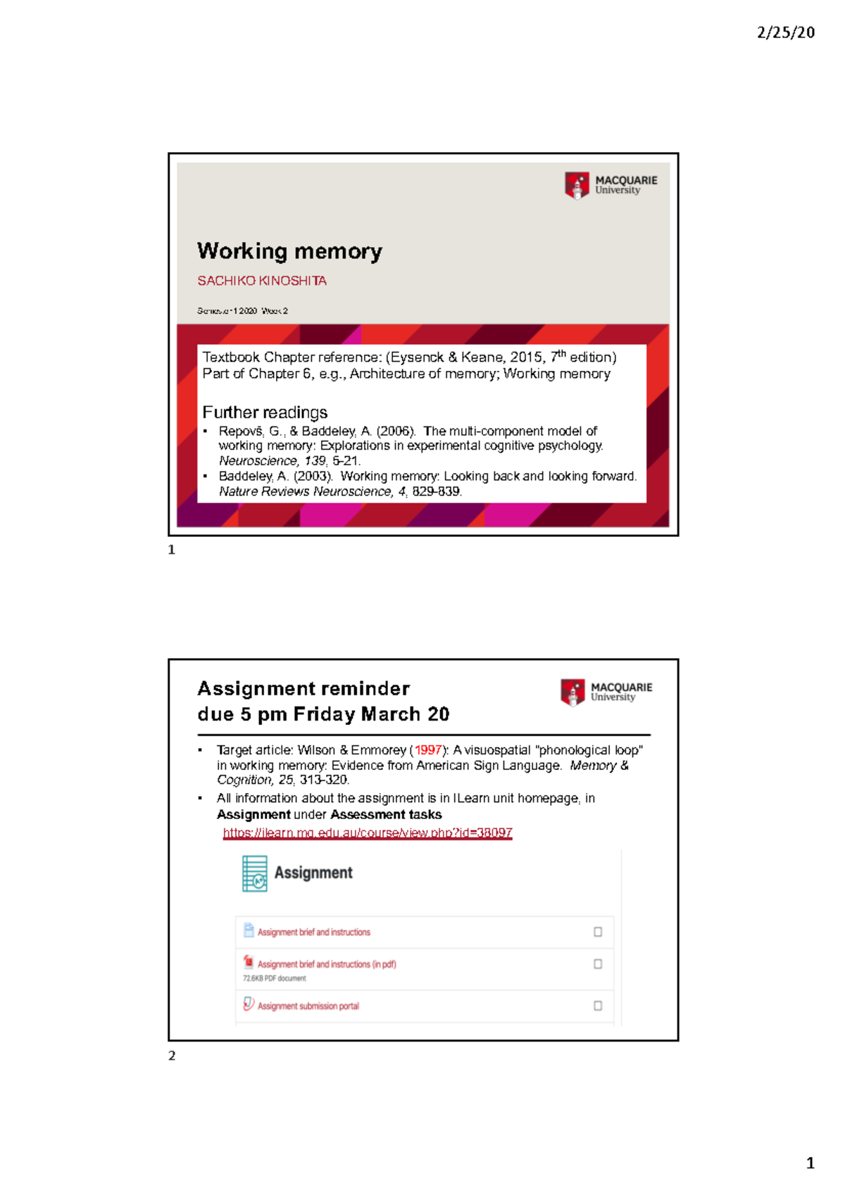 Workingmemory 20 - week 3 lecture - Warning: TT: undefined function: 32 Semester 1 2020 Week 2 ...