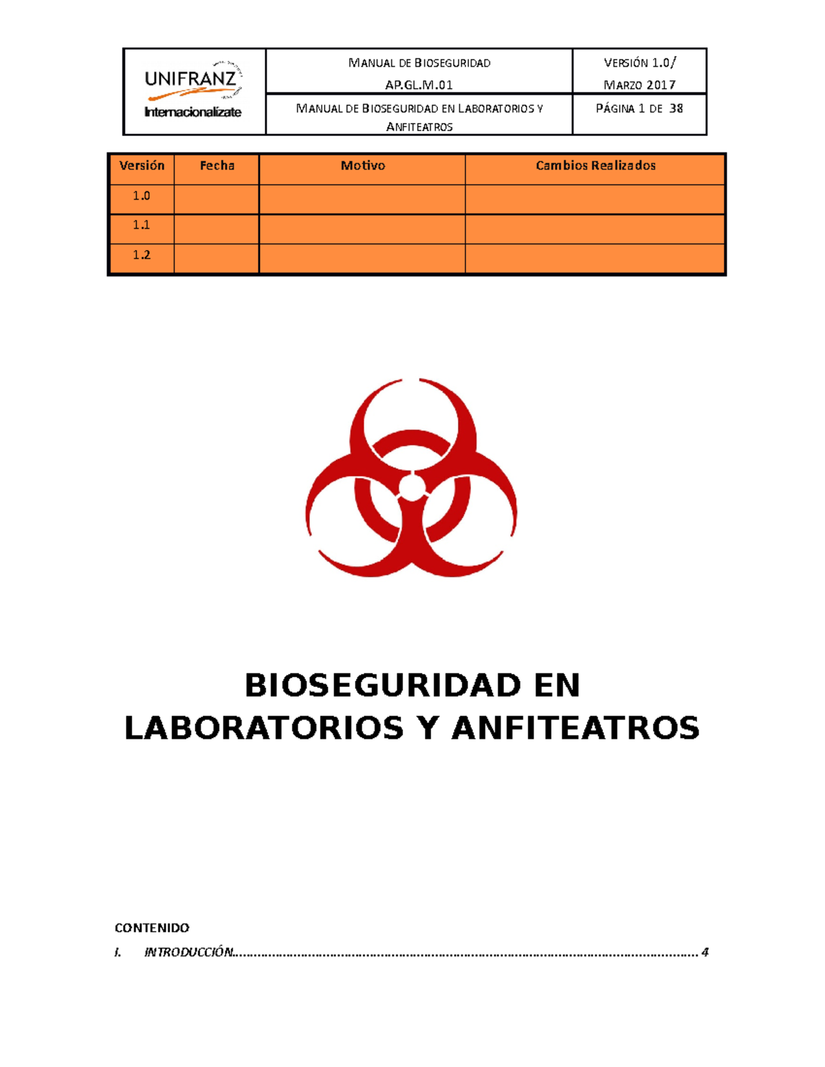 1. Manual de Bioseguridad en Laboratorios y Anfiteatros - MANUAL DE BIOSEGURIDAD AP.GL. VERSIÓN ...