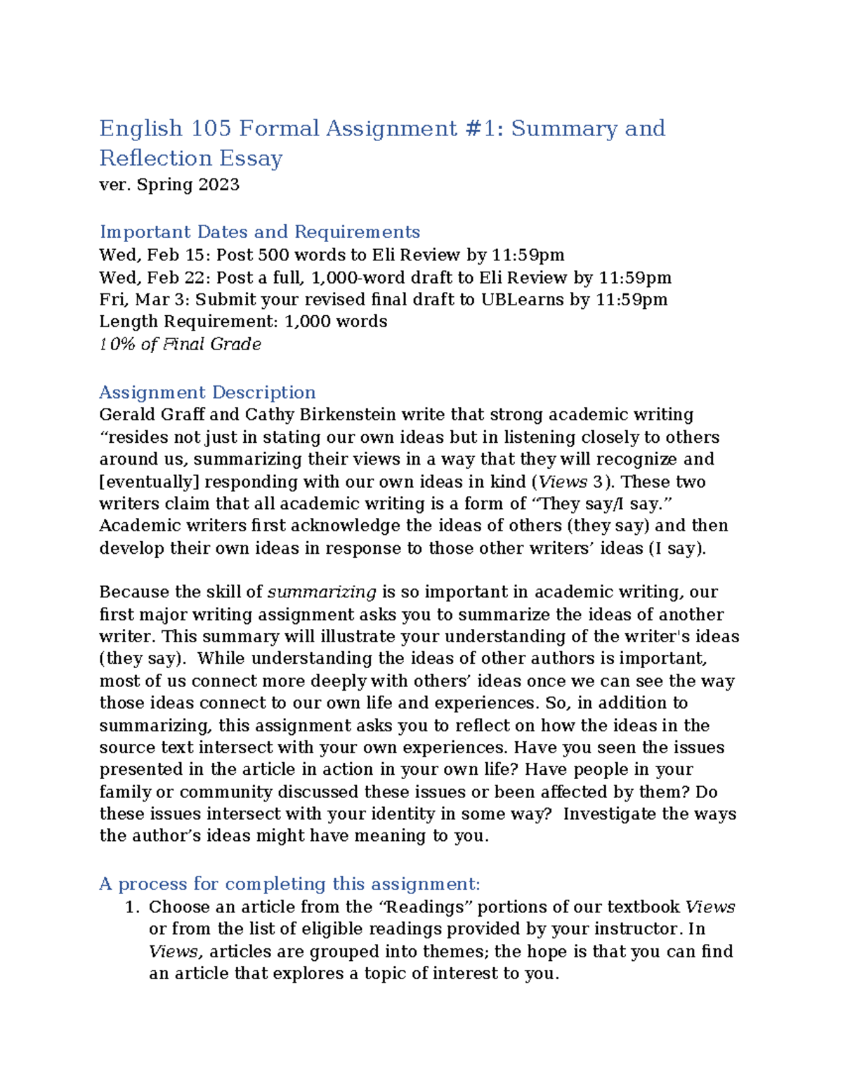 ENG 105 Assignment Guidelines - English 105 Formal Assignment #1 ...