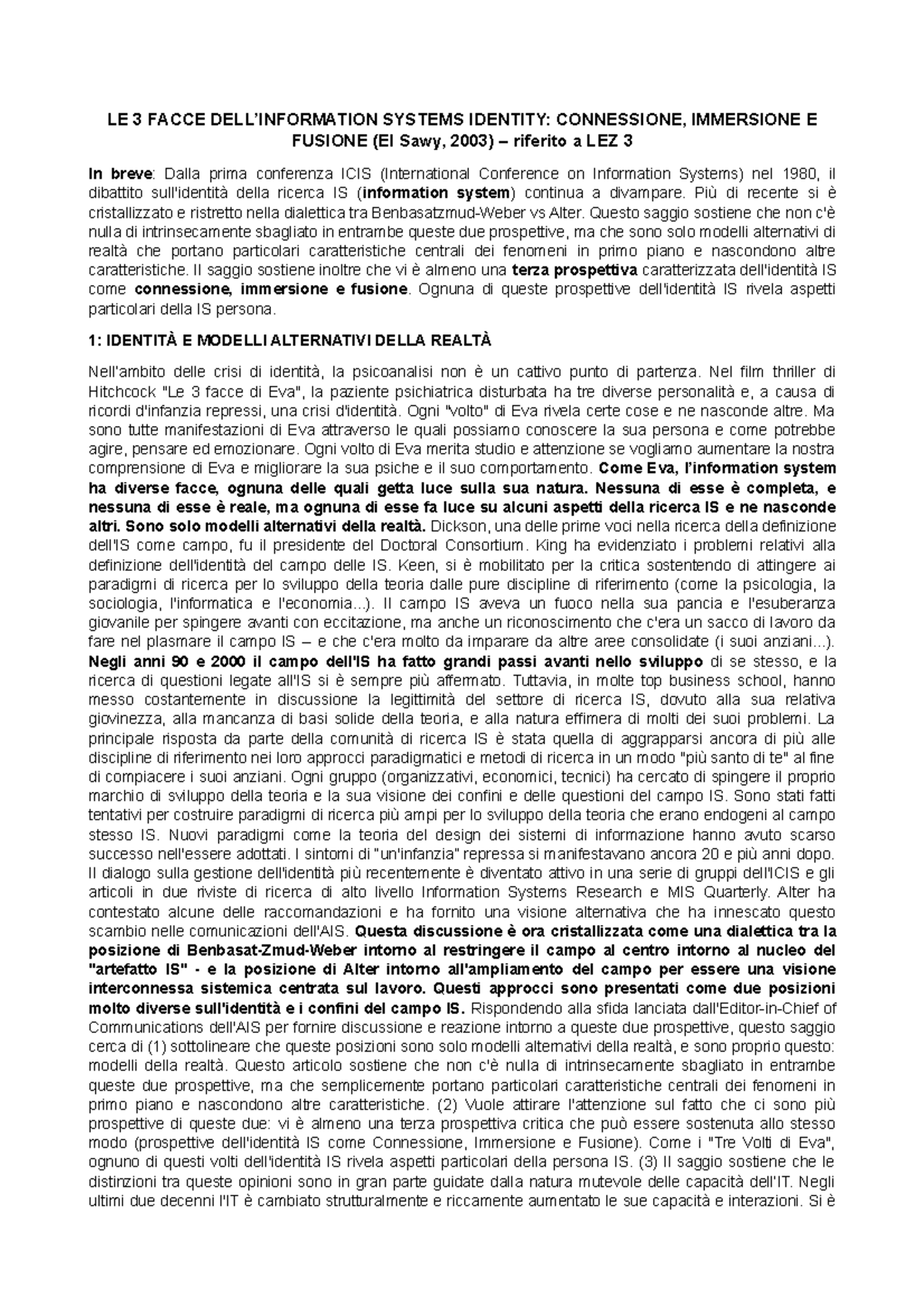 Riassunto saggio The 3 faces of information systems identity esame ...