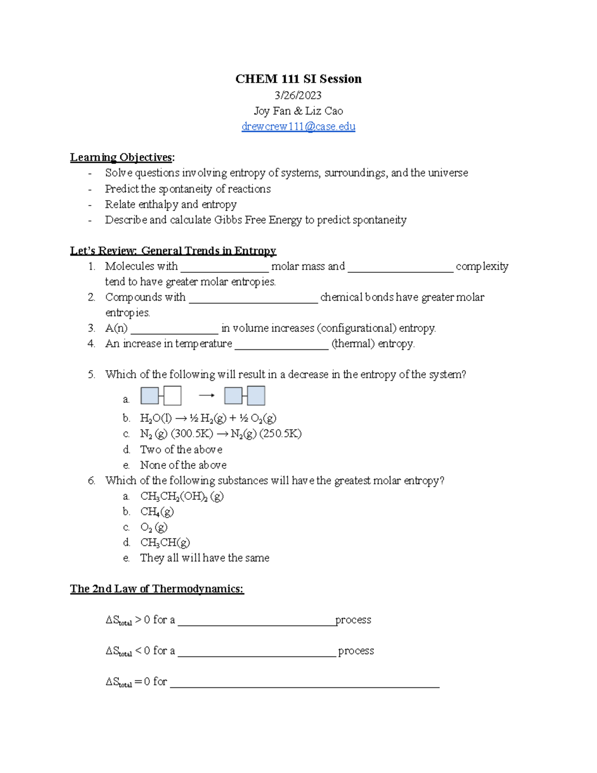 3-26 SI Sheet - CHEM111 ASSIGNMENT. - CHEM 111 SI Session 3/26/ Joy Fan ...