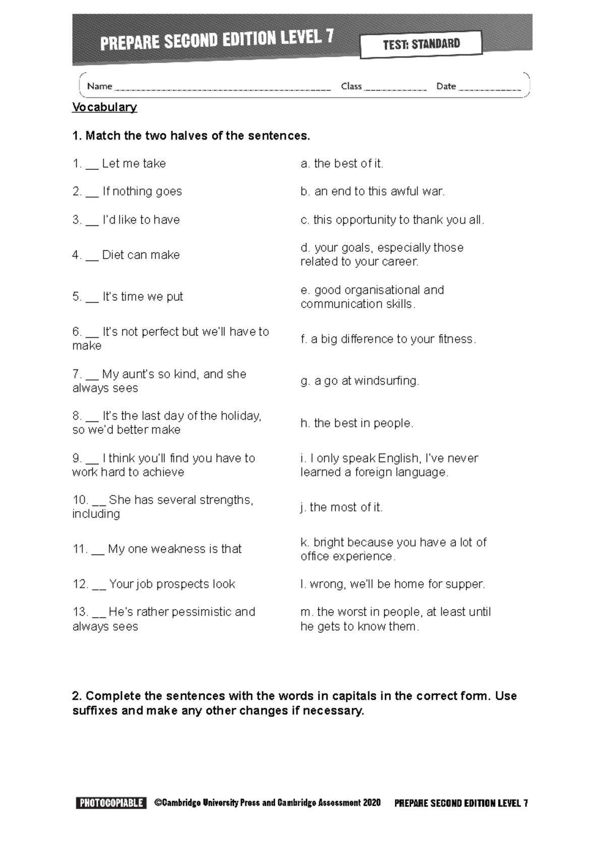 Prepare 7ed2 test without answers A 9-12 - Vocabulary Match the two ...