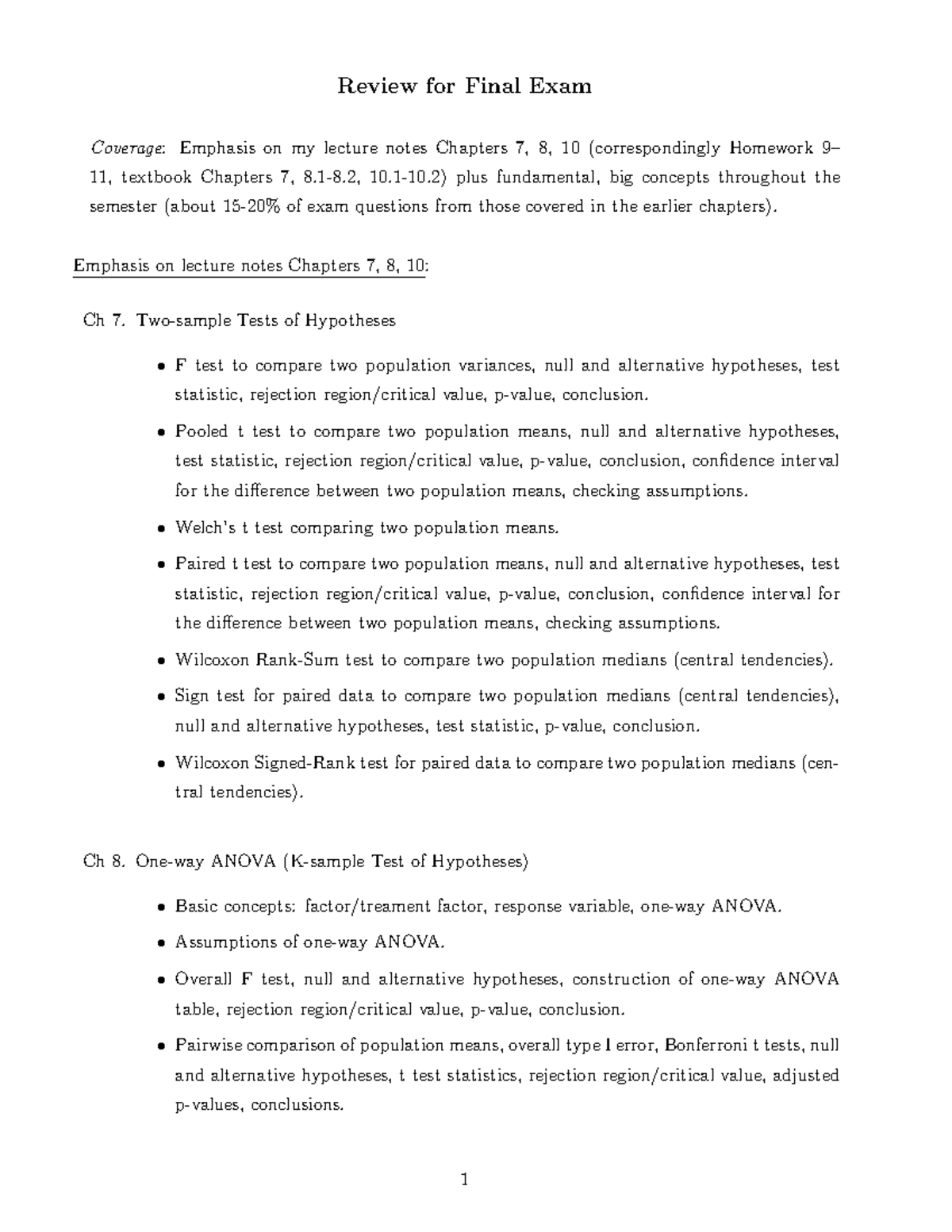 Review exam3 - Review for Final Exam Coverage: Emphasis on my lecture ...