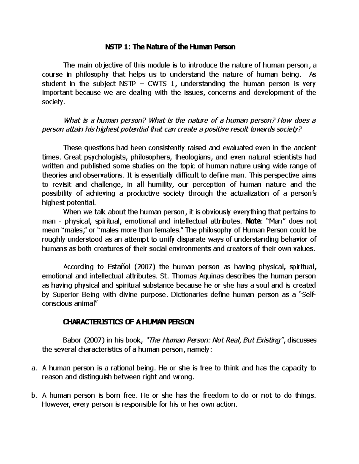The Nature Of The Human Person As Student In The Subject NSTP CWTS 