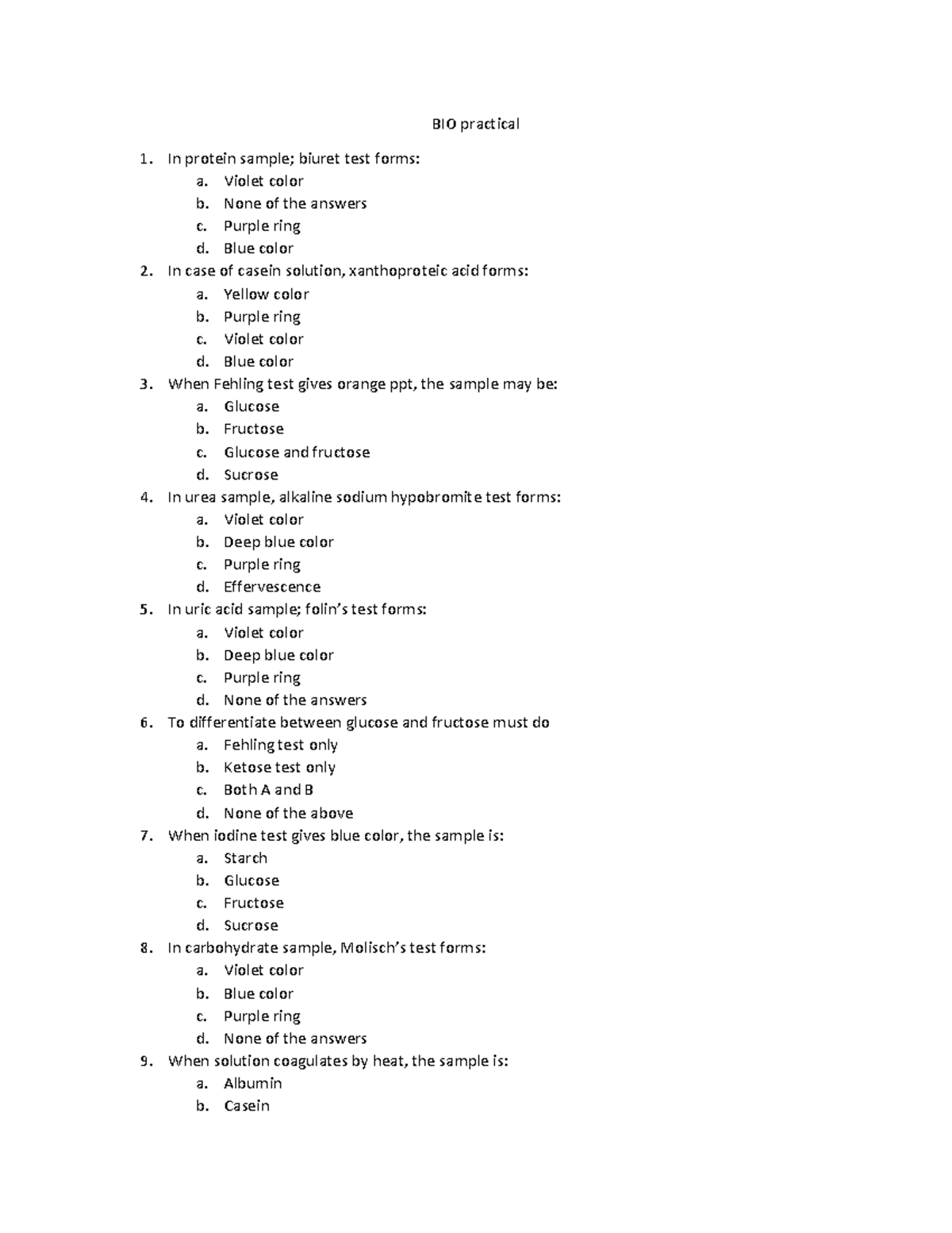 BIO practical - BIO practical In protein sample; biuret test forms: a ...