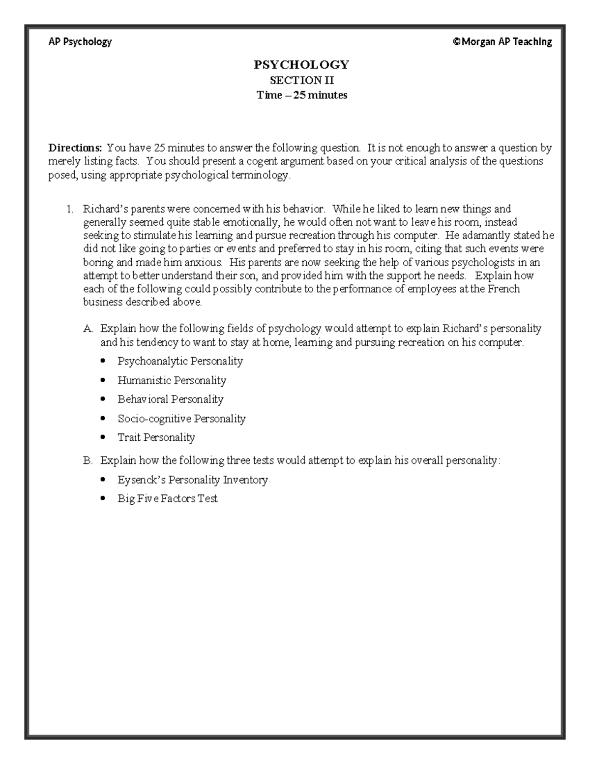 Unit 7 FRQ II - Personality - AP Psychology ©Morgan AP Teaching ...