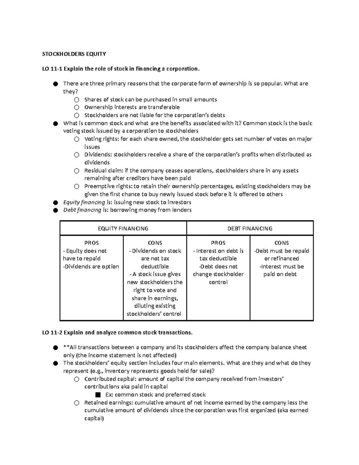 ACCT Chapter 11 - Leanne Adams - STOCKHOLDERS EQUITY LO 11-1 Explain ...