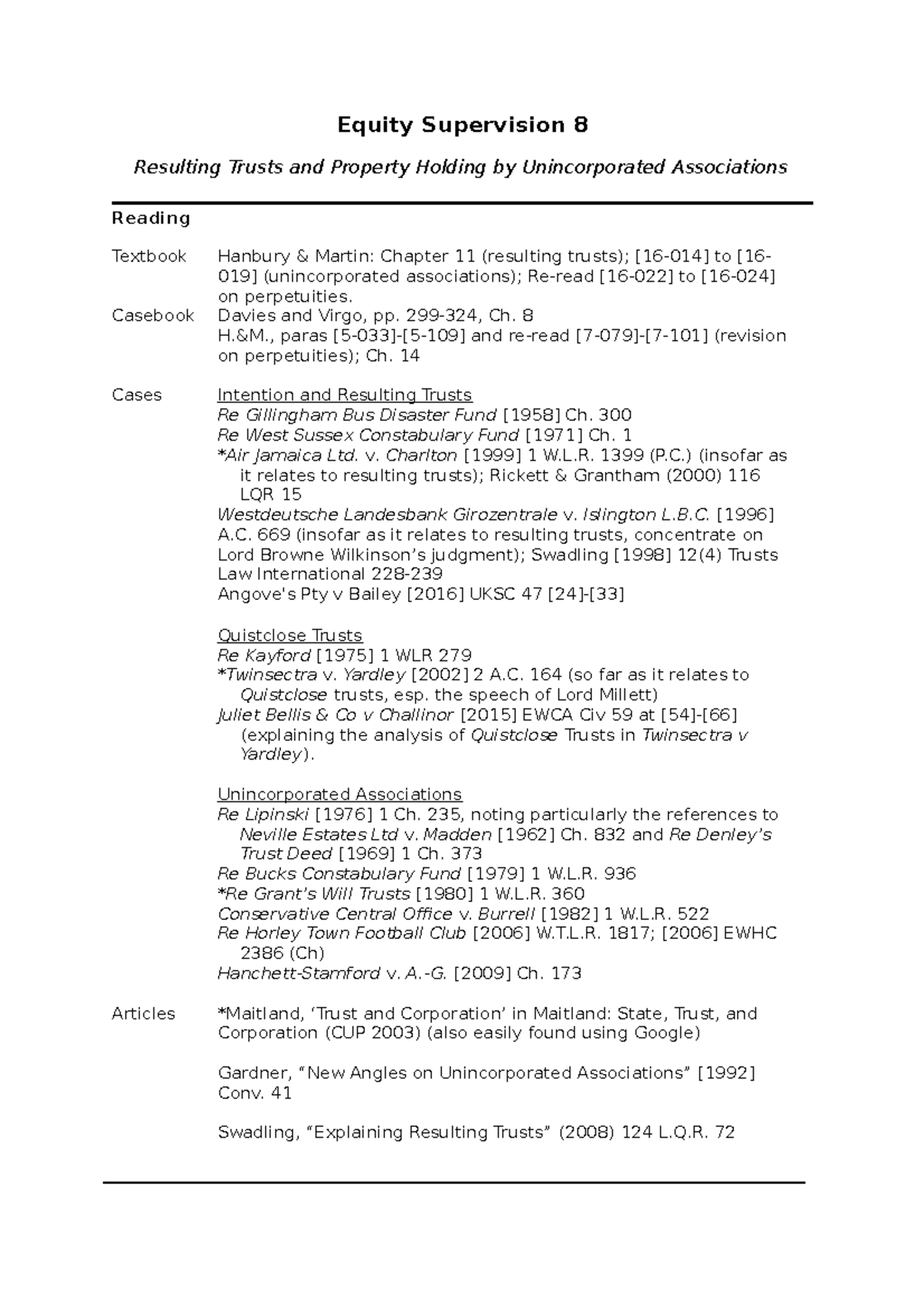 Equity Topic 8 Notes - Equity Supervision 8 Resulting Trusts and ...