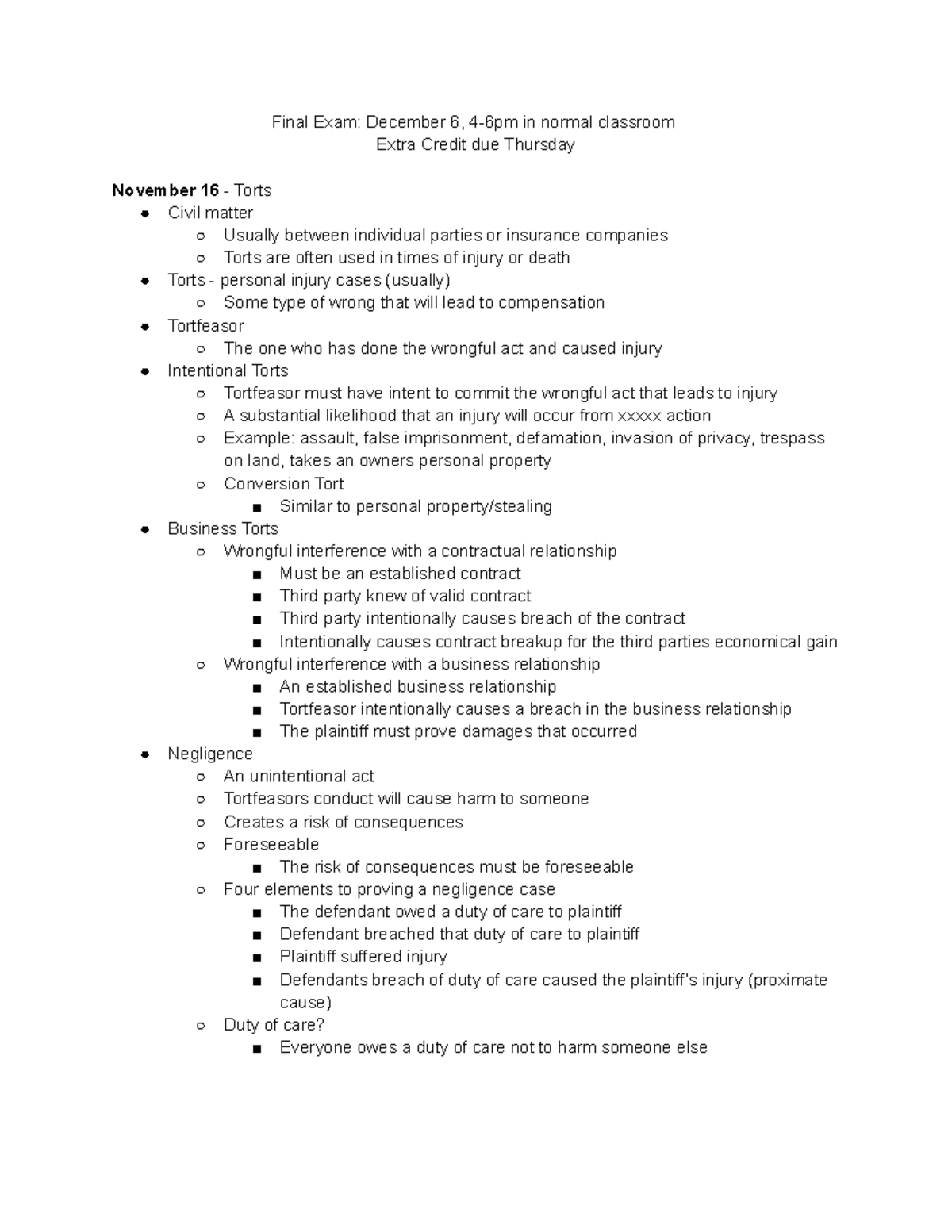 Final Exam Notes - Final Exam: December 6, 4-6pm in normal classroom ...