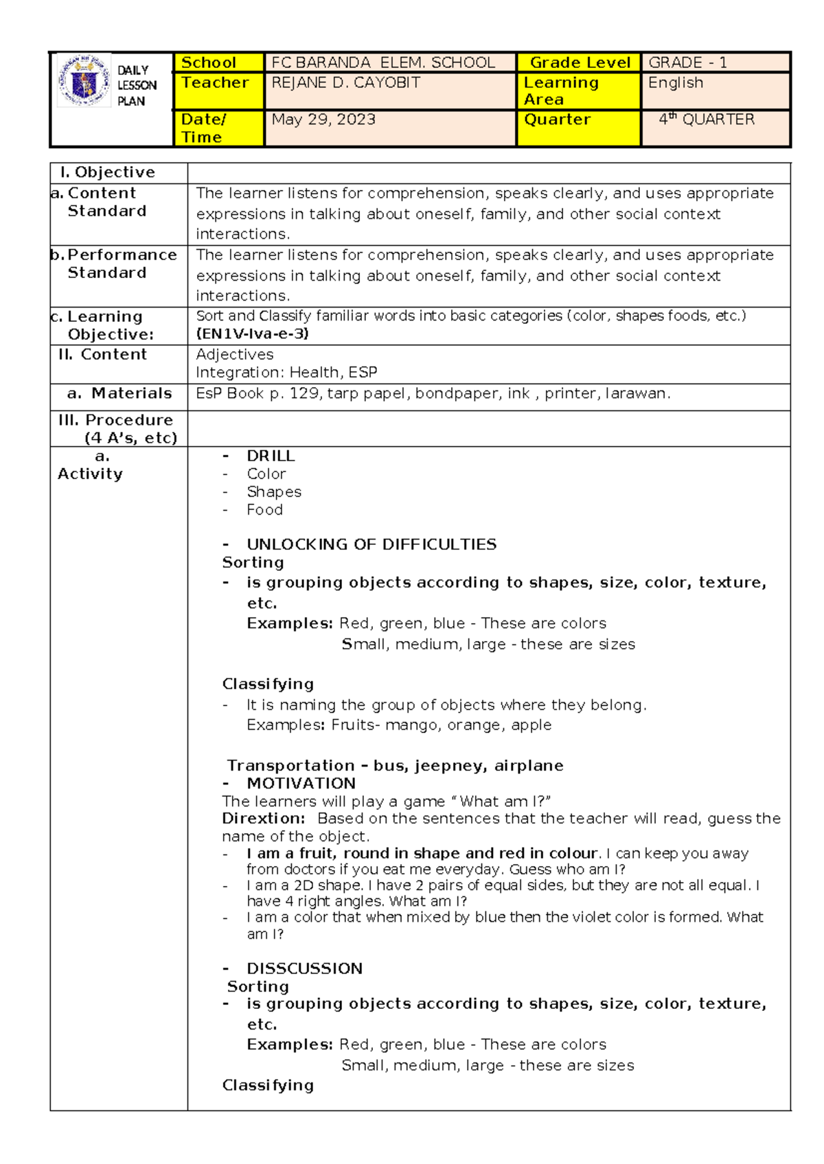 LP English- Grade 1- Week 1- May 29, 2023 - School FC BARANDA ELEM ...