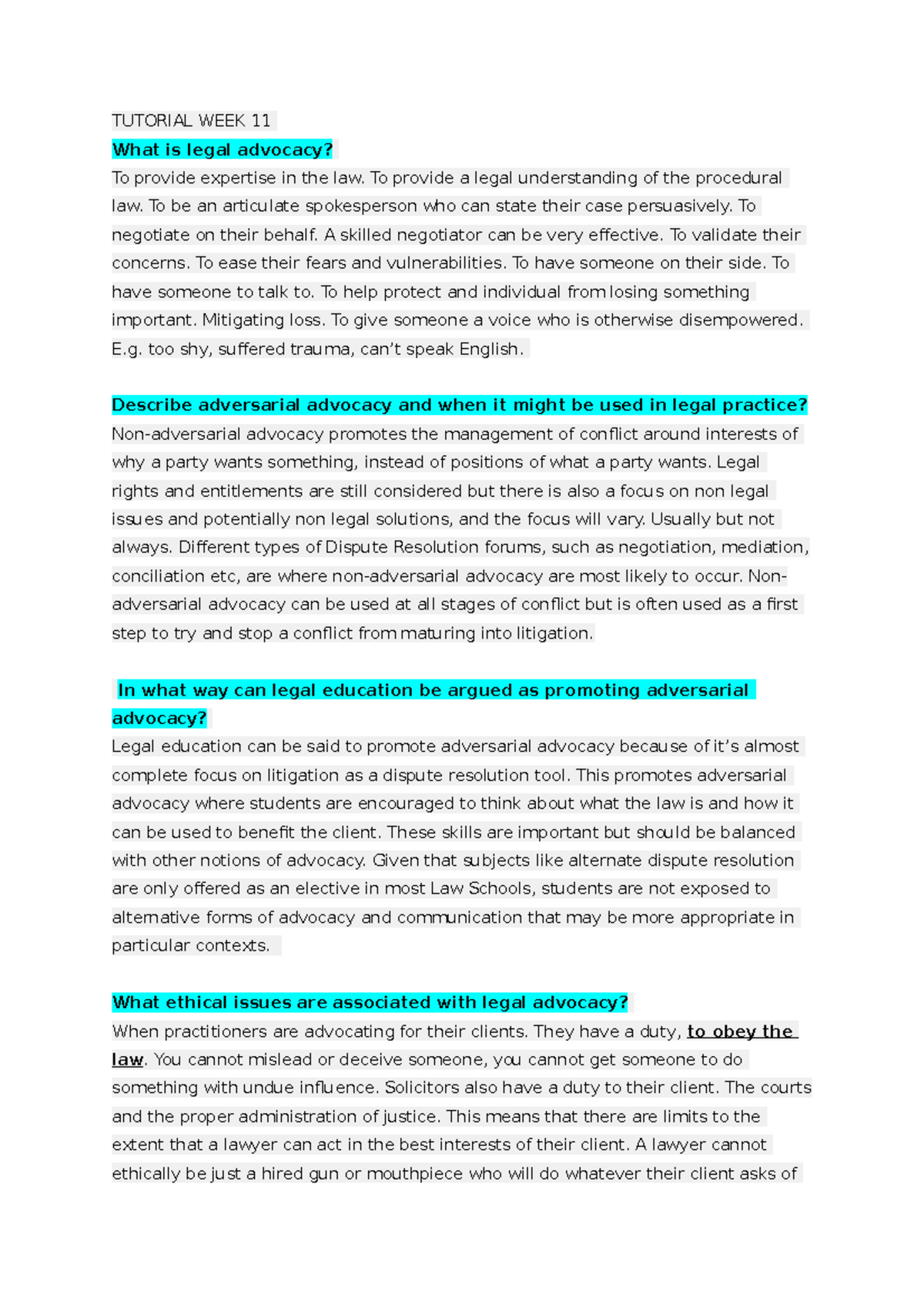 LLB103 W11 Tutorial - tute notes - TUTORIAL WEEK 11 What is legal ...