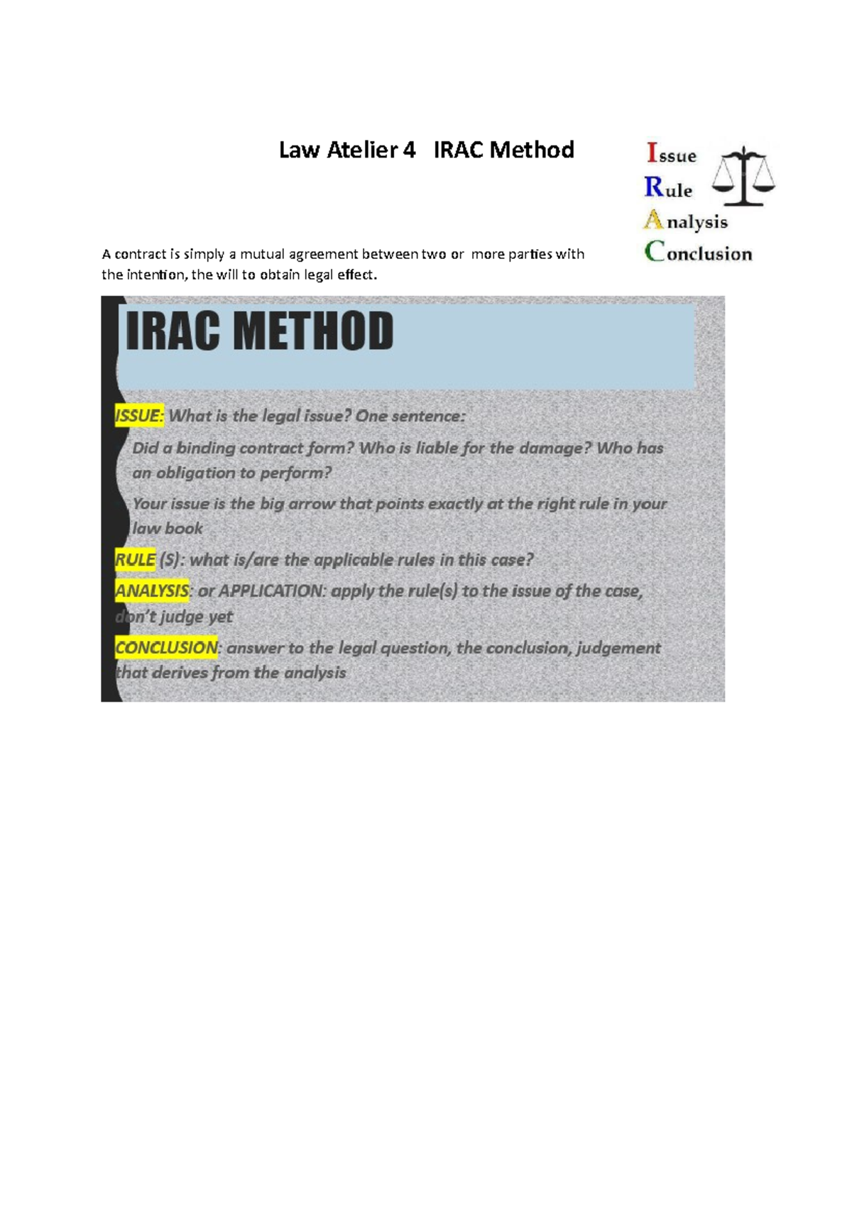 Law Atelier 4 IRAC Method - Law Atelier 4 IRAC Method A contract is ...