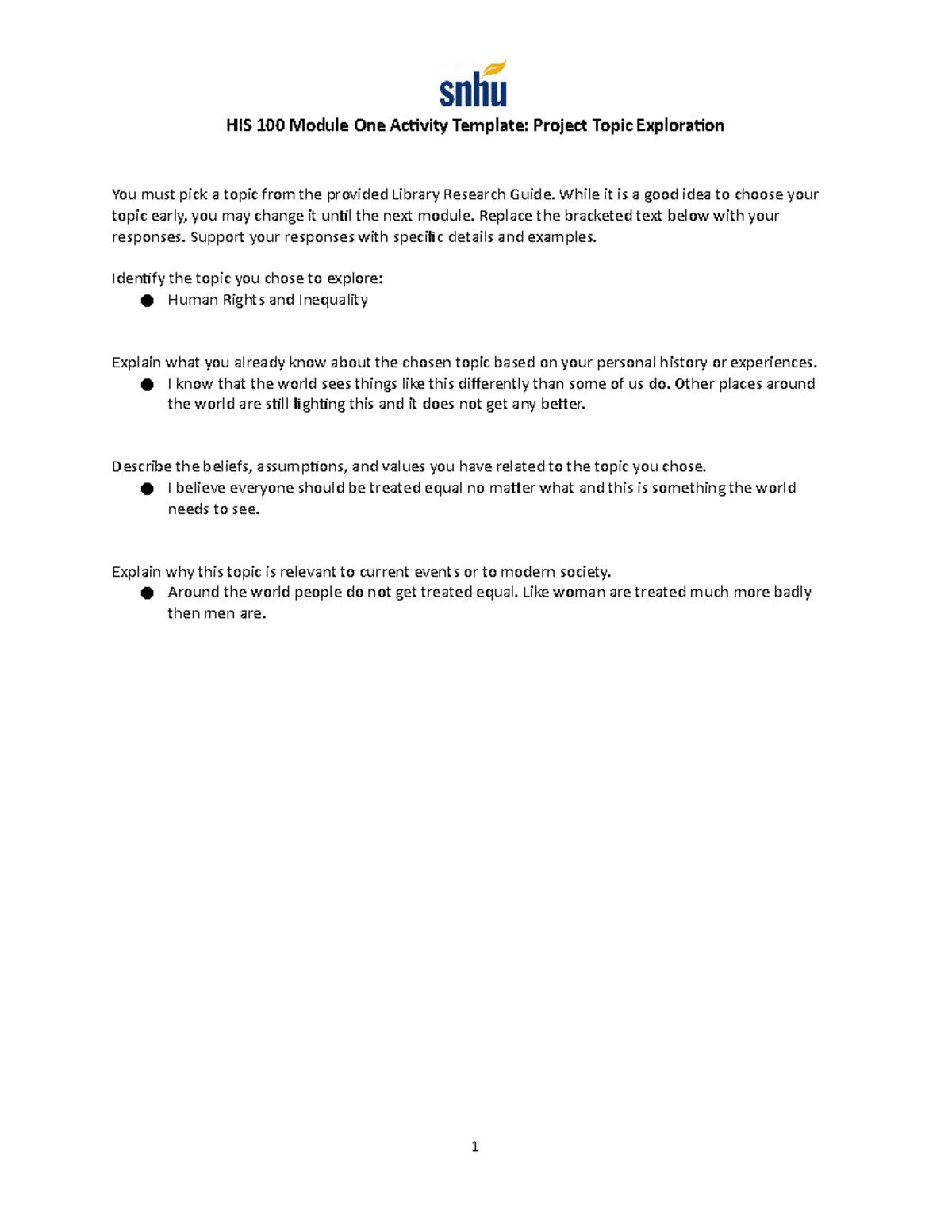 HIS 100 Module One homework assignment - HIS 100 Module One Activity ...