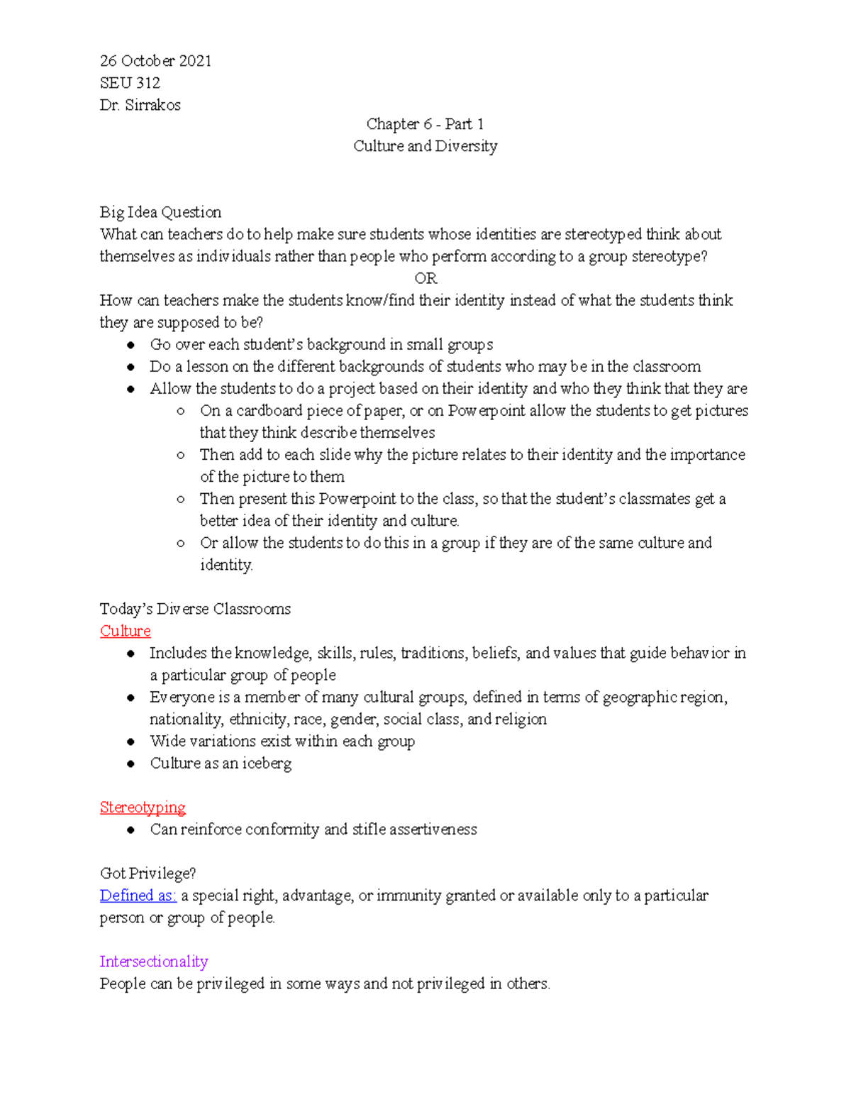 Chapter 6 Part 1 Culture And Diversity 26 October 2021 Seu 312 Dr Sirrakos Chapter 6