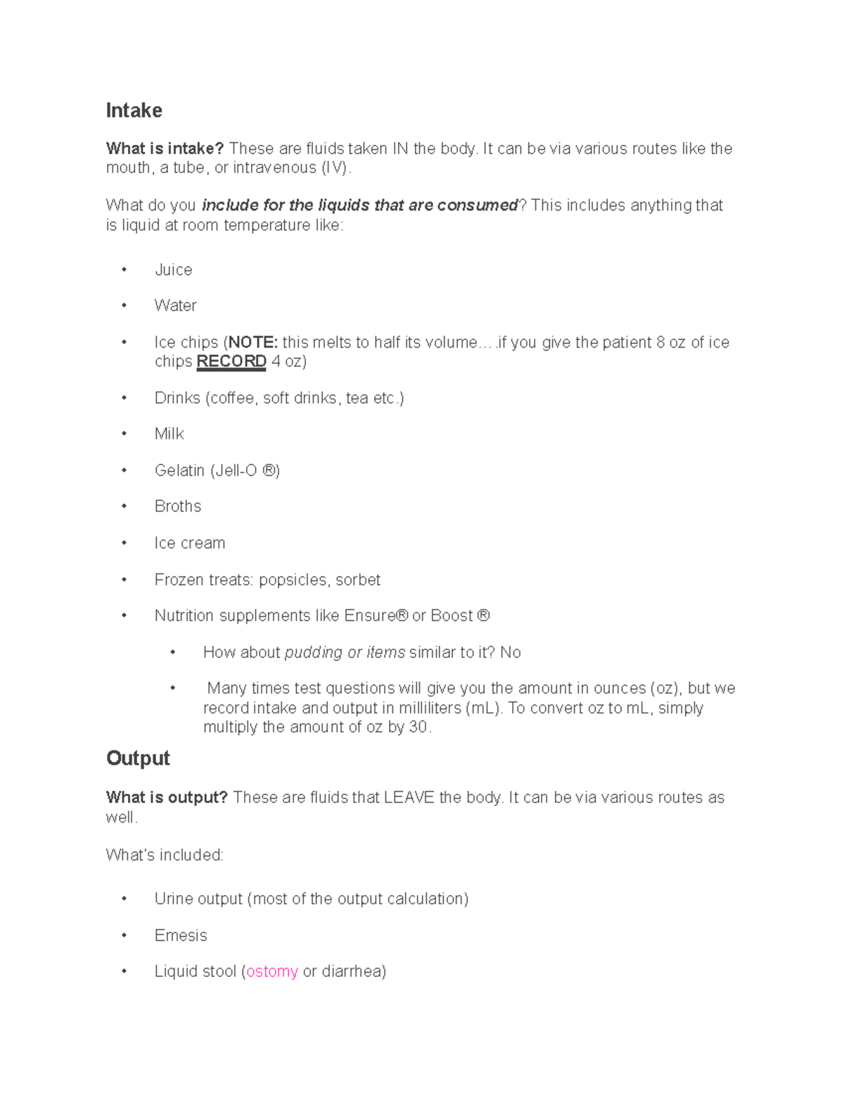 What is Intake-Output Cheat Sheet - Intake What is intake? These are fluids taken IN the body ...