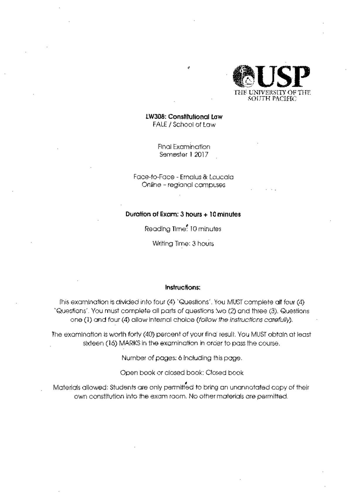 LW308 Exam 2017 - questions and answers for practice - , USP THE ...