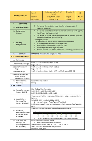 Lesson plan for percentiles for ungrouped data (local demo) 2 - DAILY LESSON LOG School ...