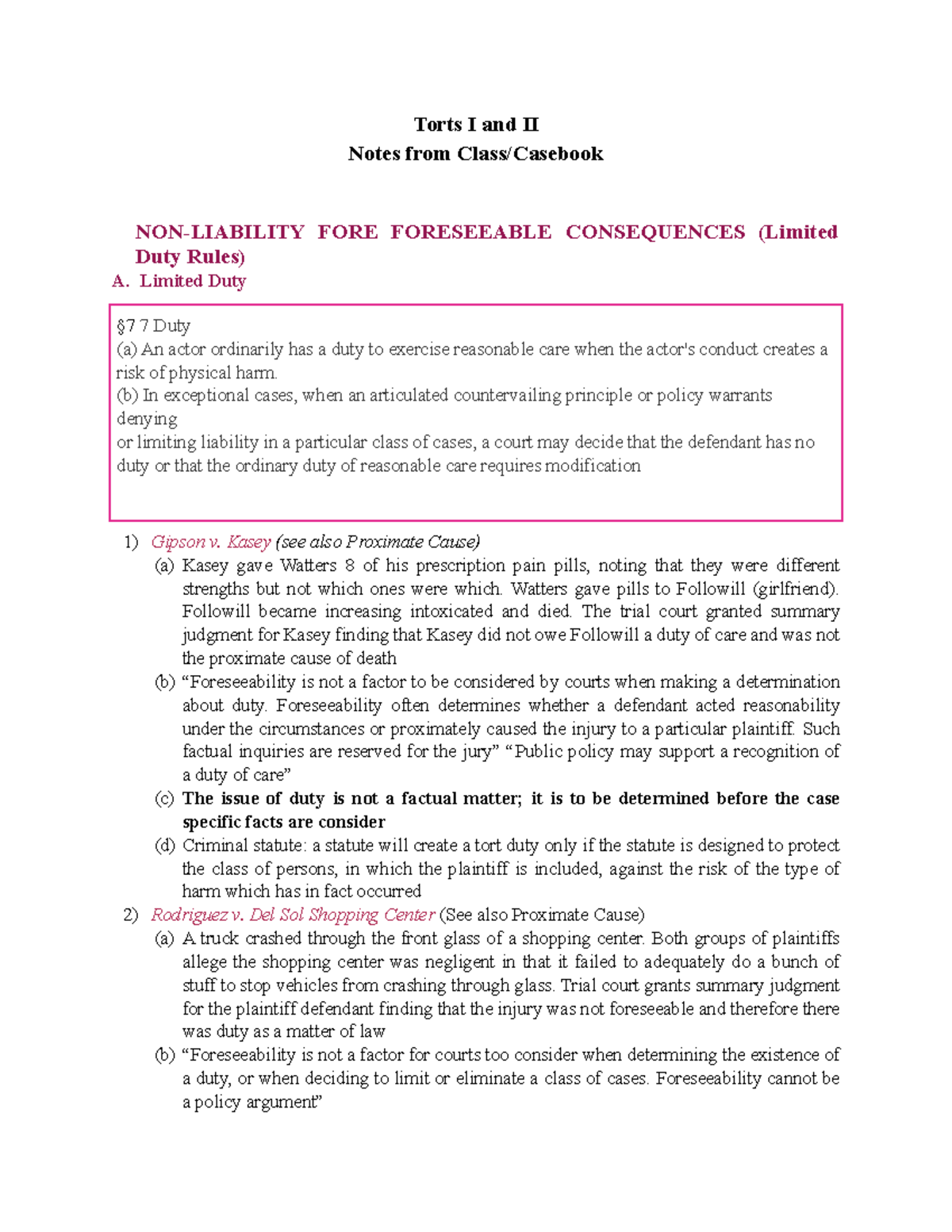 NON- Liability FORE Foreseeable Consequences (Limited Duty Rules ...