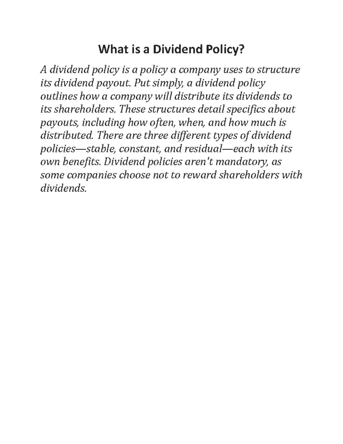 Dividend Policy - This is for other students to help in create ...