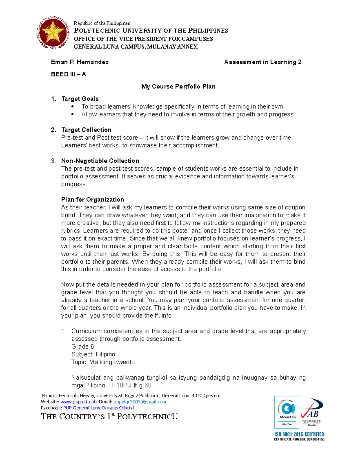 Portfolio final - POLYTECHNIC UNIVERSITY OF THE PHILIPPINES OFFICE OF ...