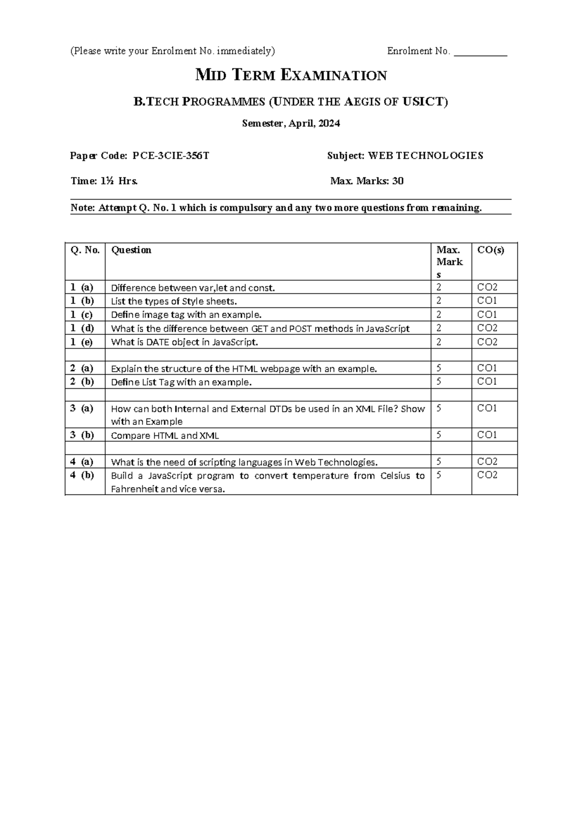 3 Mid Term Question Paper Format (for 2nd, 4th and 6th Semesters ...