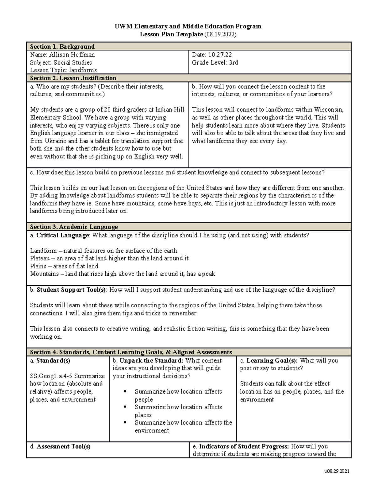 Social Studies Lesson plan - allison hoffman - UWM Elementary and ...