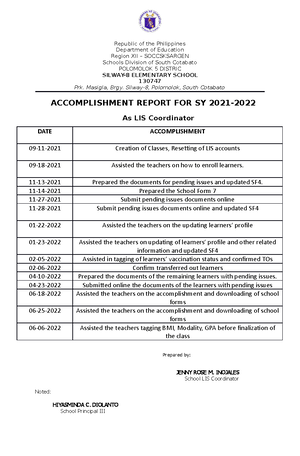 Accomplishment Report as LIS Coor - Republic of the Philippines ...