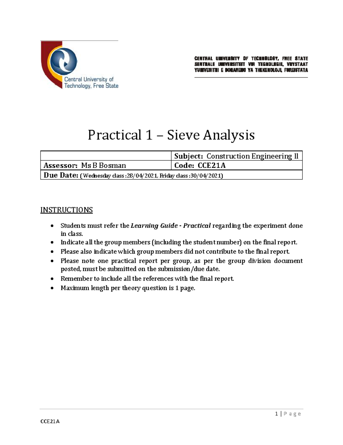 Practical 1 (Sieve analysis) work sheet - 1 | Page Practical 1 – Sieve ...