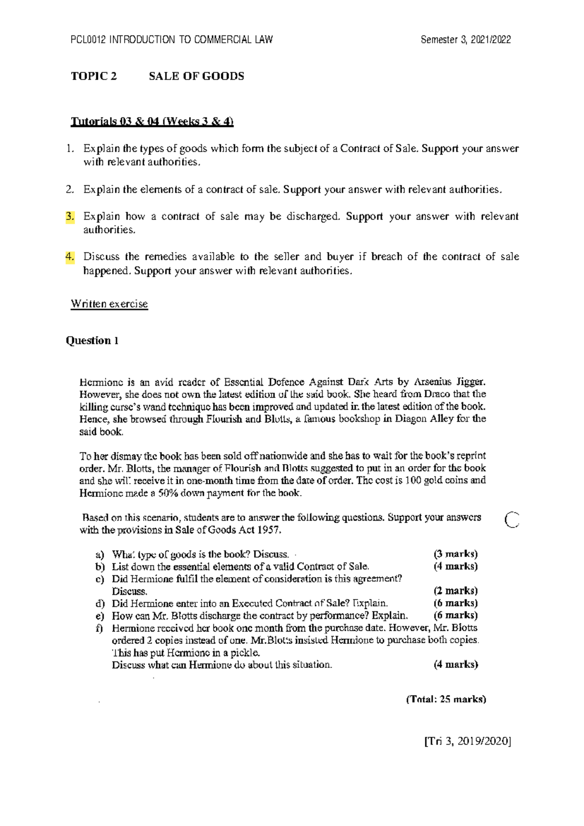 Topic 2 SALE OF Goods - PCL0012 INTRODUCTION TO COMMERCIAL LAW Semester ...