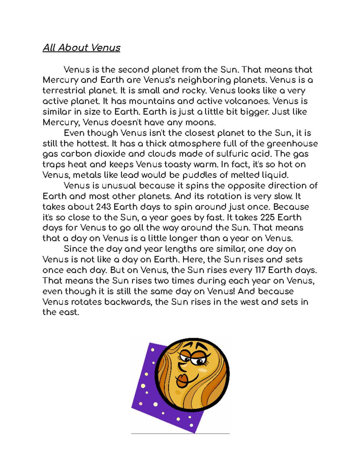 All About Venus - a worksheet made for presenting to the class - All ...