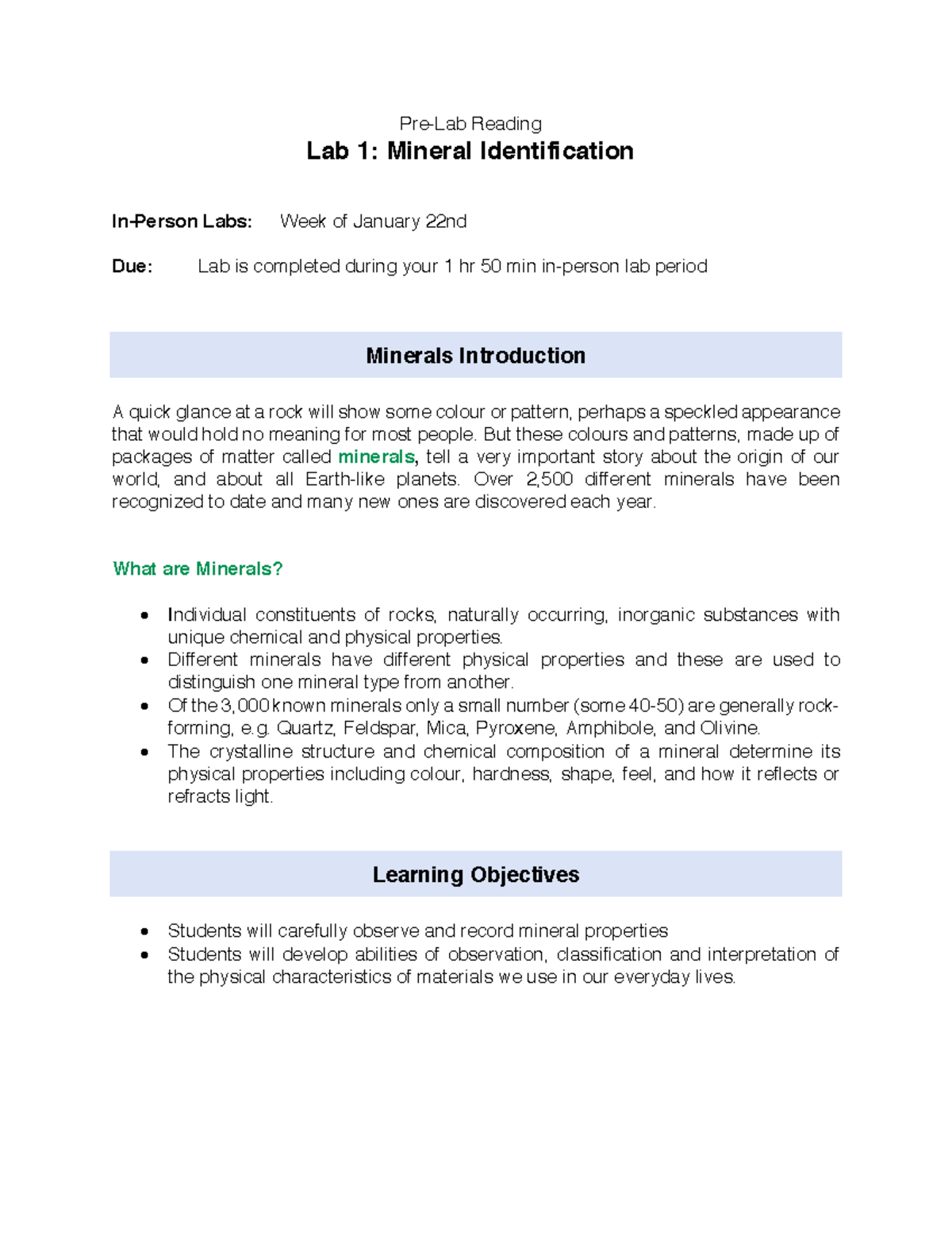 Pre-Lab Reading - Lab 1 - How to Identify Minerals W2024 - Pre-Lab ...